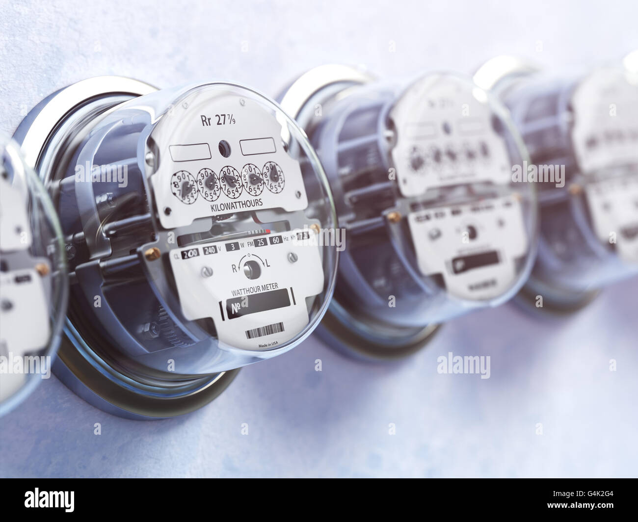 Row of analog electric meters. Electricity consumption concept. 3d ...