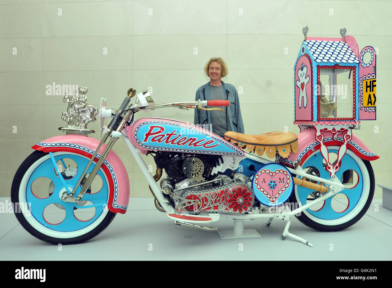 Artist grayson perry poses with his kenilworth am1 motorcycle hi-res ...
