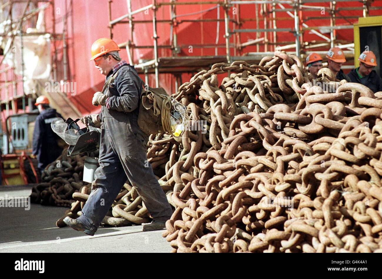A shipbuilder leaves from work at the exploration ship "Crystal Ocean ...