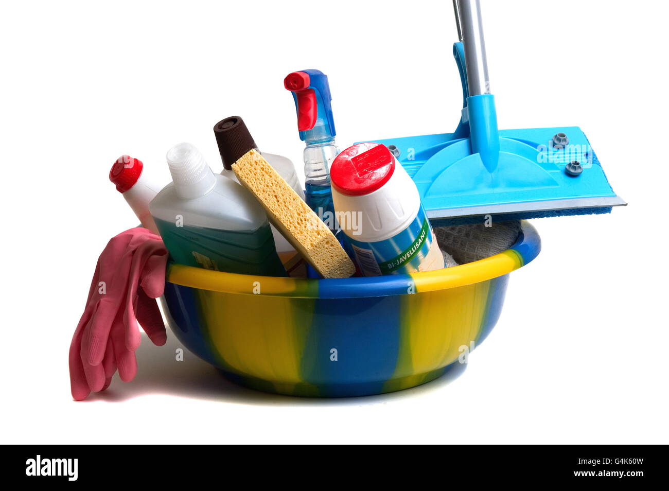 Items used to clean and clean a house photographed in studio on white ...