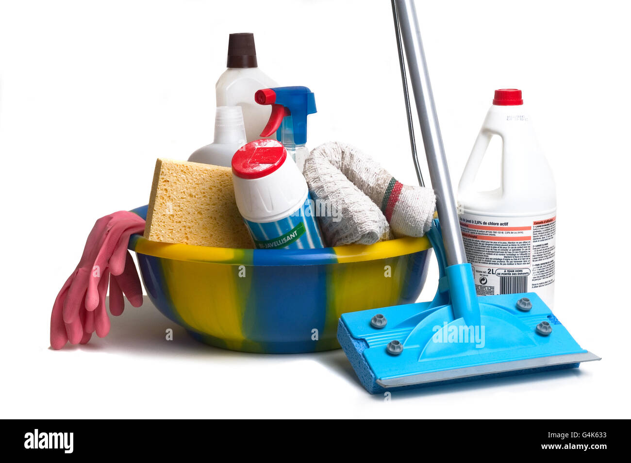 Items used to clean and clean a house photographed in studio on white ...