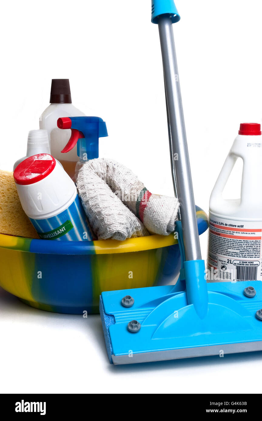 Items used to clean and clean a house photographed in studio on white ...