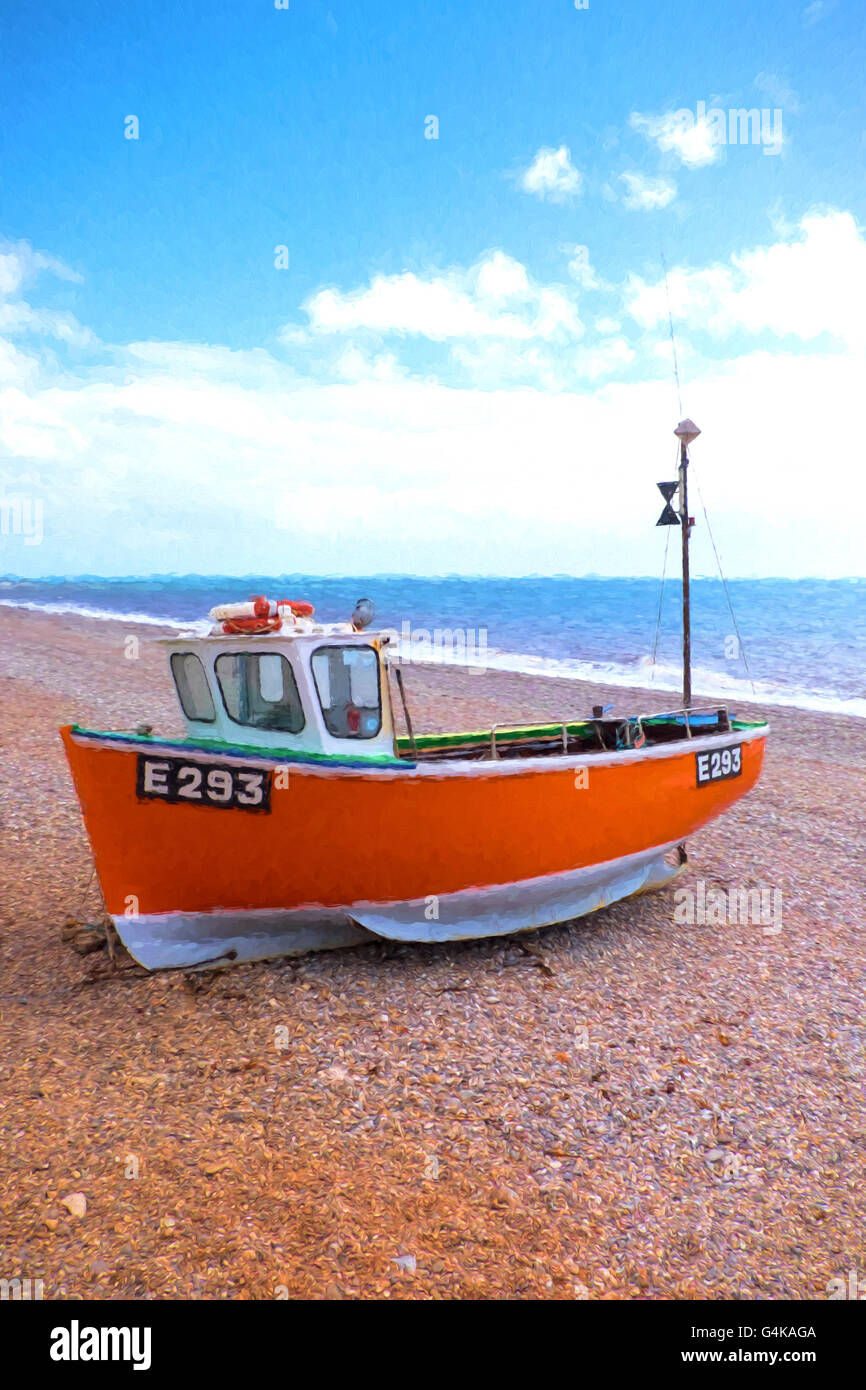 Digitally created artwork of a fishing boat in a shale beach in Dorset ...