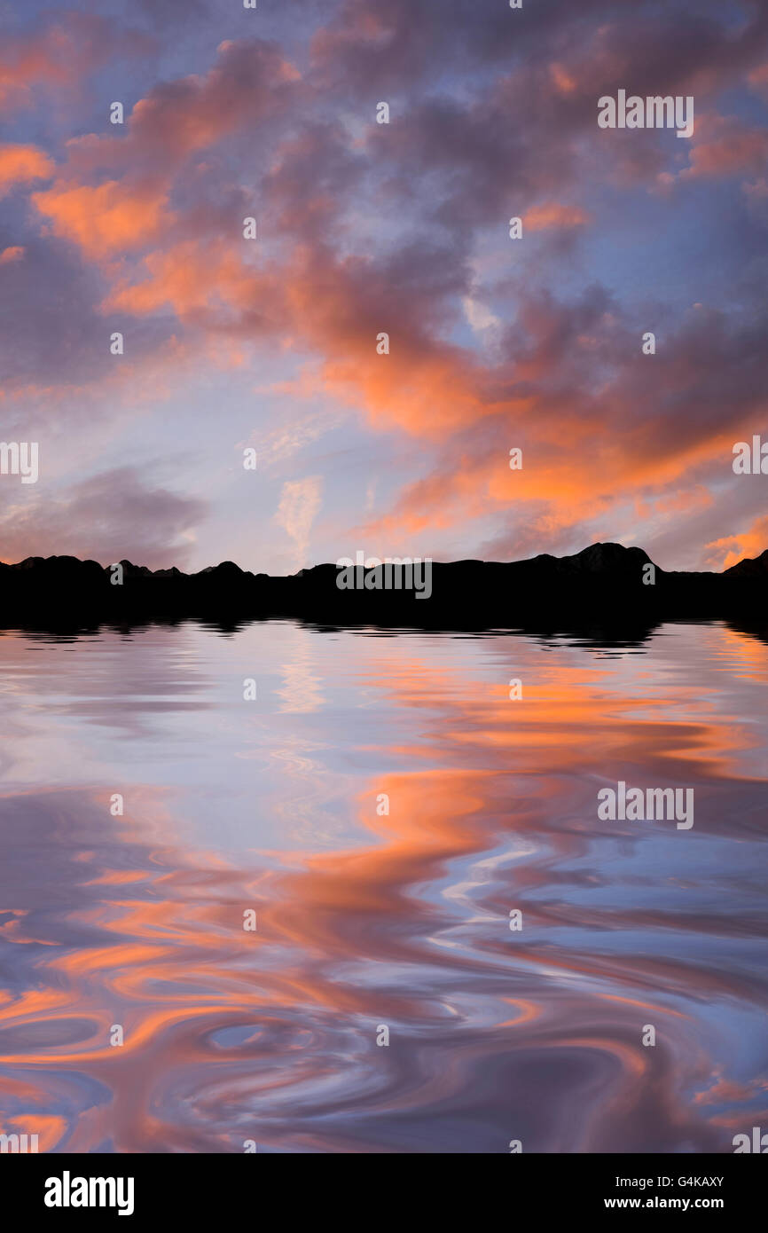 Orange sunset over a digitally created reflection in water Stock Photo ...