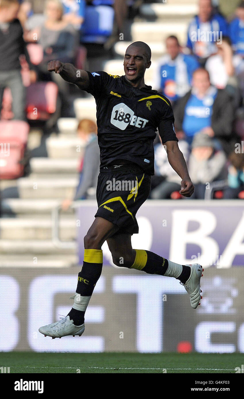 Bolton Wanderers's David N'Gog jumps for joy after scoring his team's ...