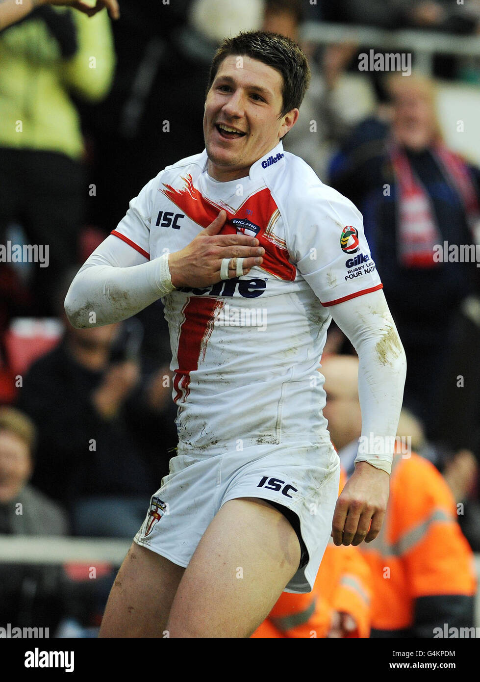 England's Gareth Widdop celebrates after scoring a try in the final ...