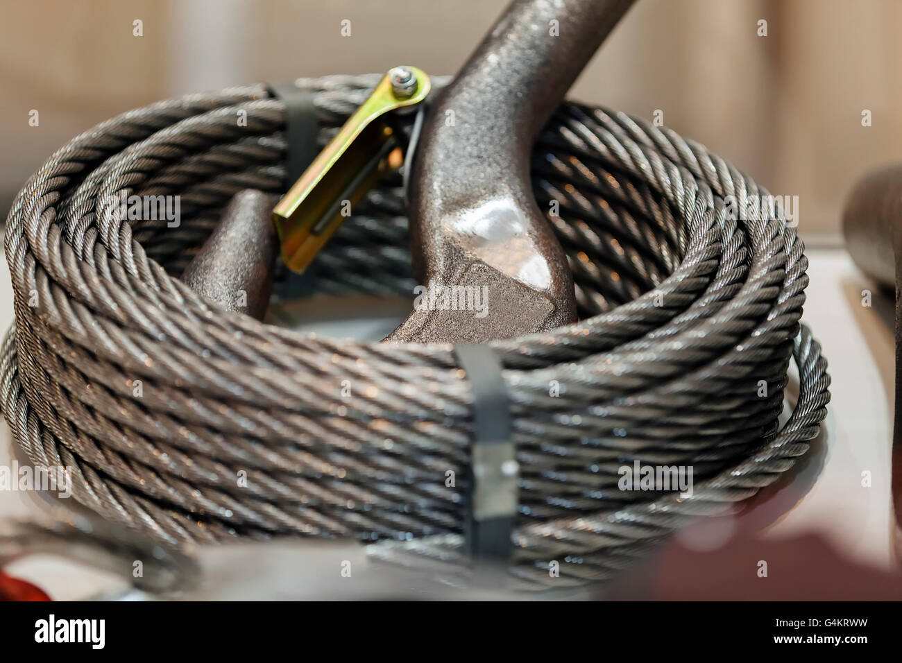 Closeup new hook and cable for construction; note shallow depth of ...