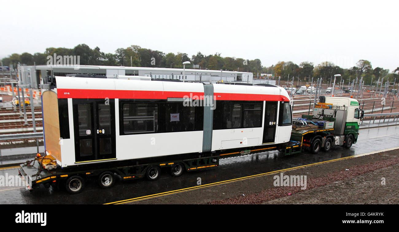 The first tram is delivered to the Gogar depot in Edinburgh. The ...