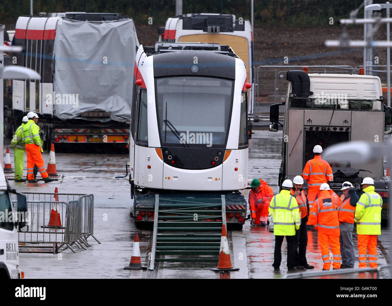 The first tram is delivered to the Gogar depot in Edinburgh. The ...