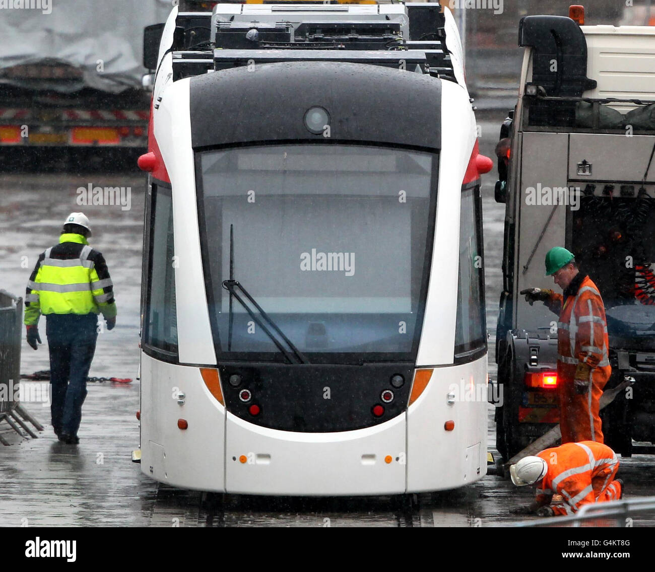 The first tram is delivered to the Gogar depot in Edinburgh. The ...