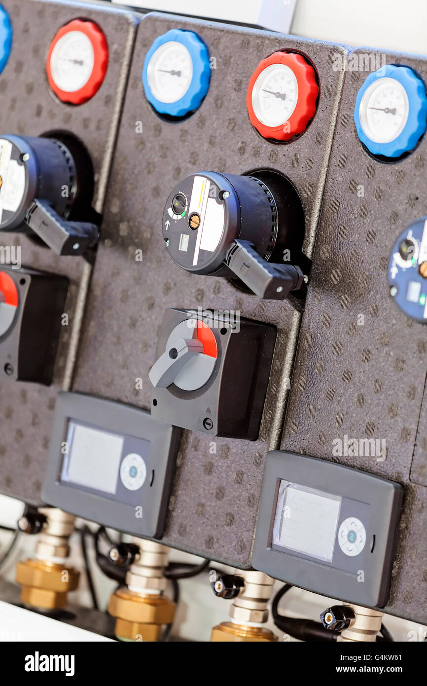 View on advanced industrial control panel with switches, new technology ...