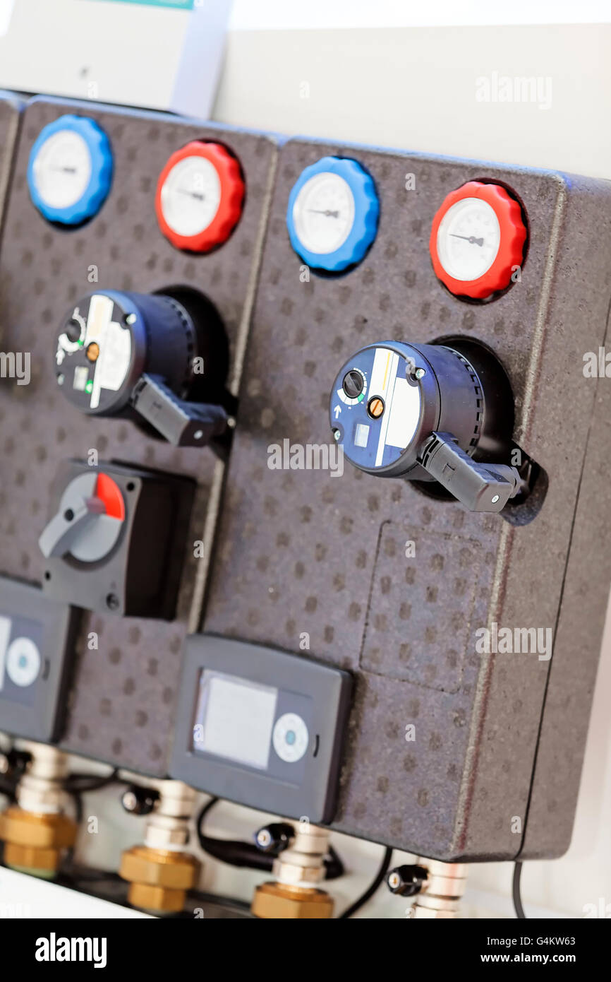 View on advanced industrial control panel with switches, new technology ...