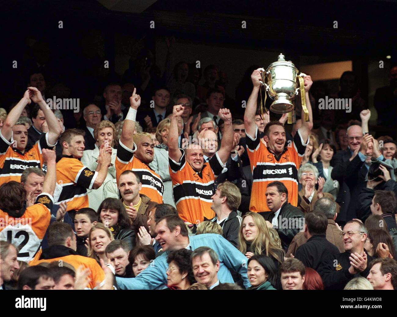 Mark Weedon, captain of the Wasps rugby union team, lifts the cup after ...