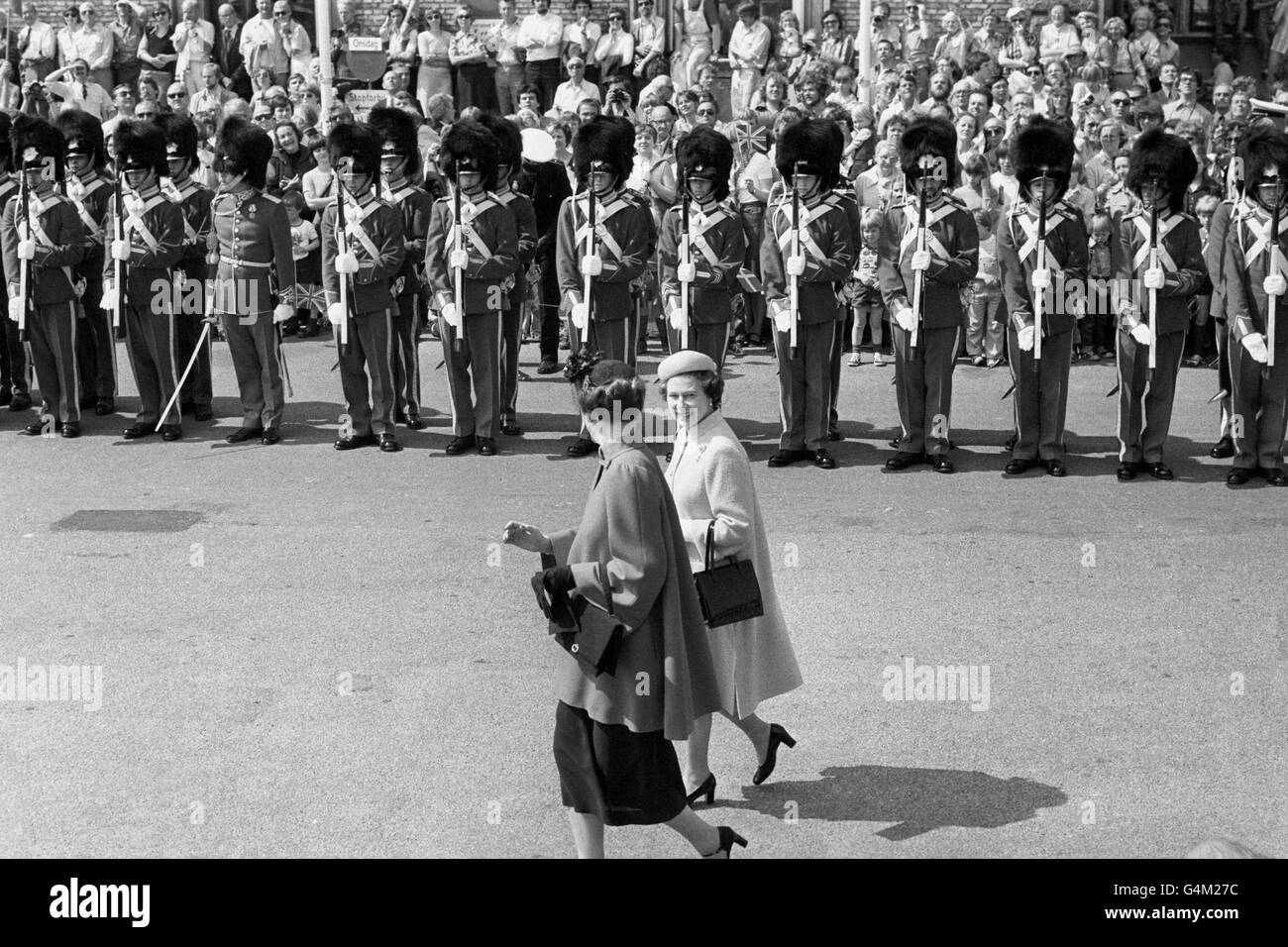 Queen Elizabeth II, accompanied by Queen Margrethe of Denmark, arrives ...