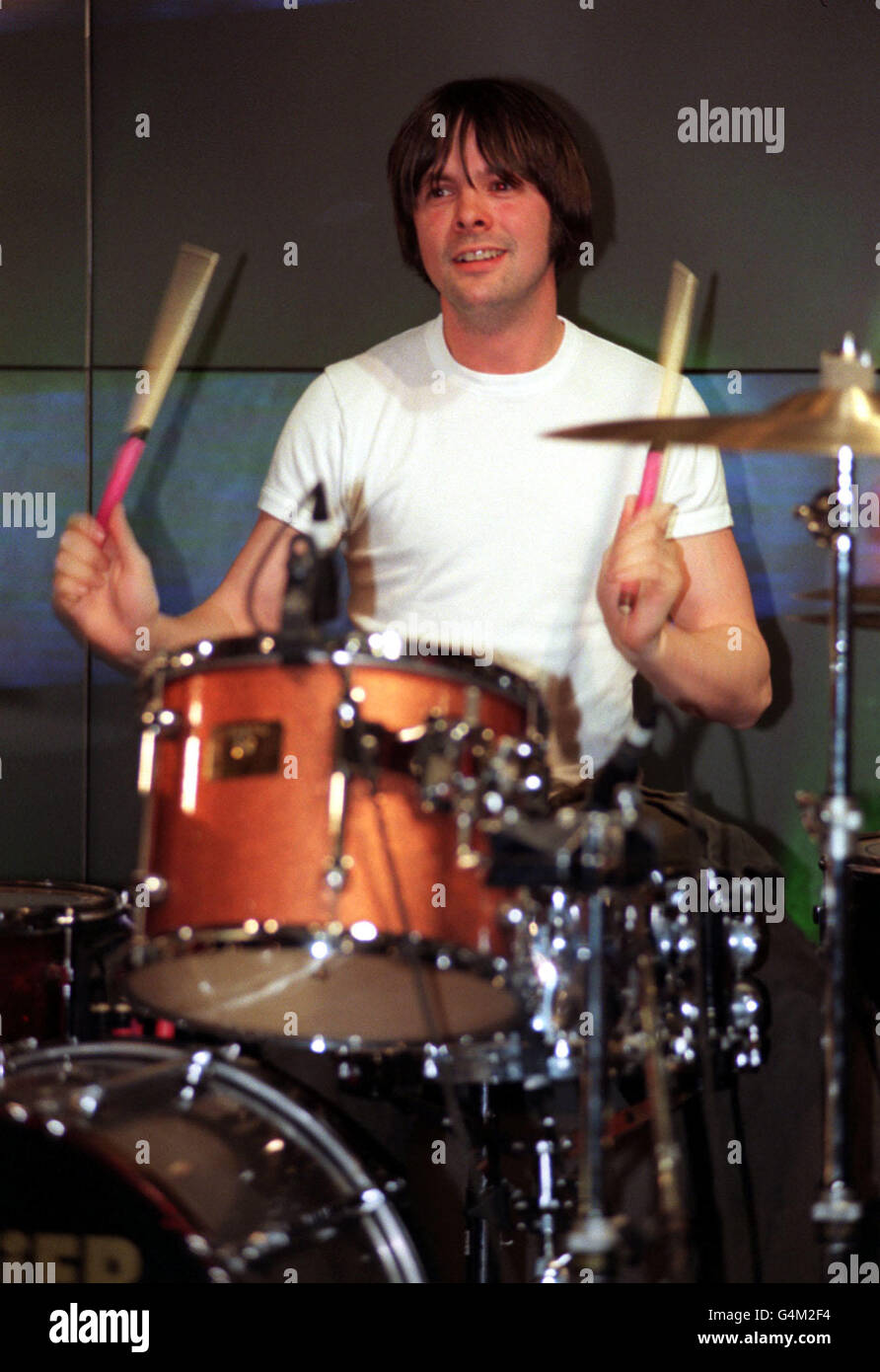 Drummer Alan Leach from the band Shed Seven, on stage at the HMV store ...