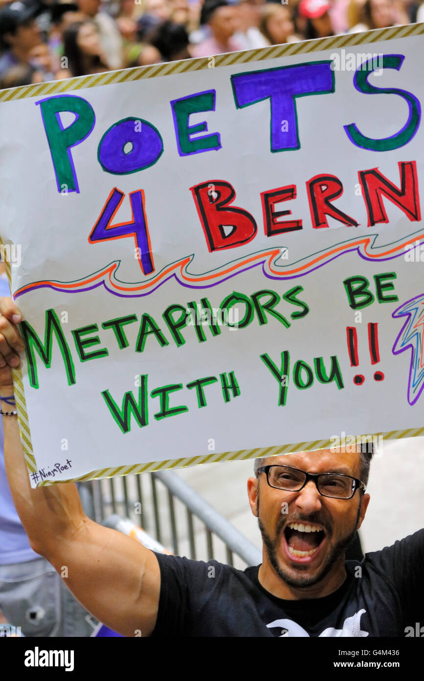 Supporter with sign for Bernie Sanders Speaks at Presidential Rally ...