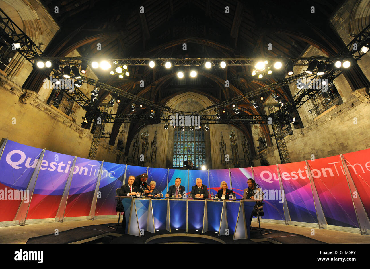 Host David Dimbleby (fourth from left) and panellists (left to right ...
