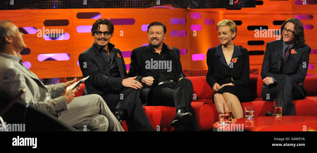 (left to right) Graham Norton, Johnny Depp, Ricky Gervais, Carey ...