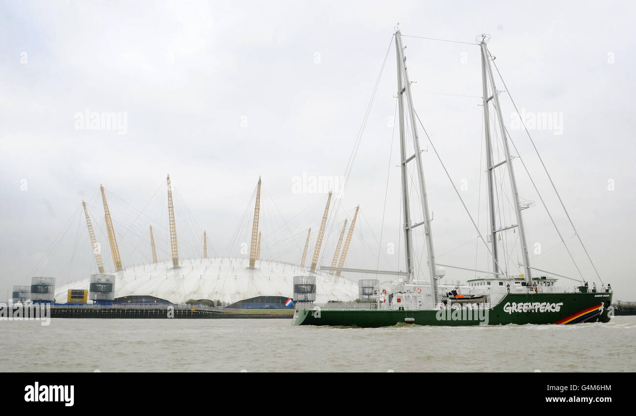 Greenpeace's new Rainbow Warrior III ship is seen in front of the O2 ...