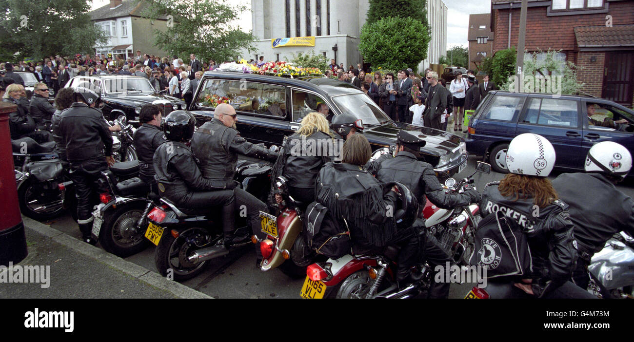 Bikers attend the funeral of David Sutch, known as Screaming Lord Sutch ...