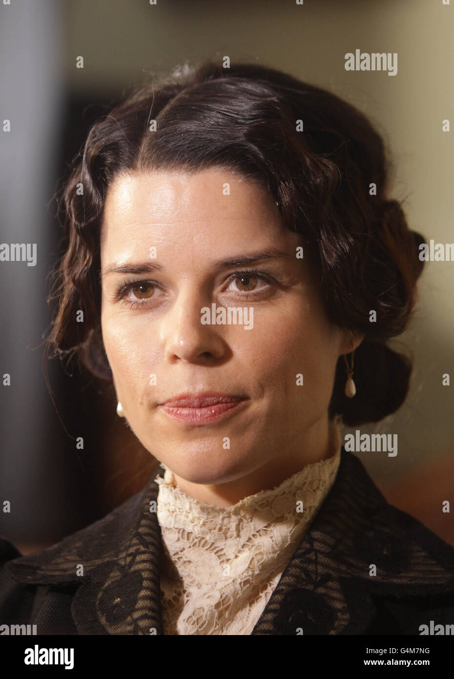 Neve Campbell speaks to the media during filming of a new TV mini ...