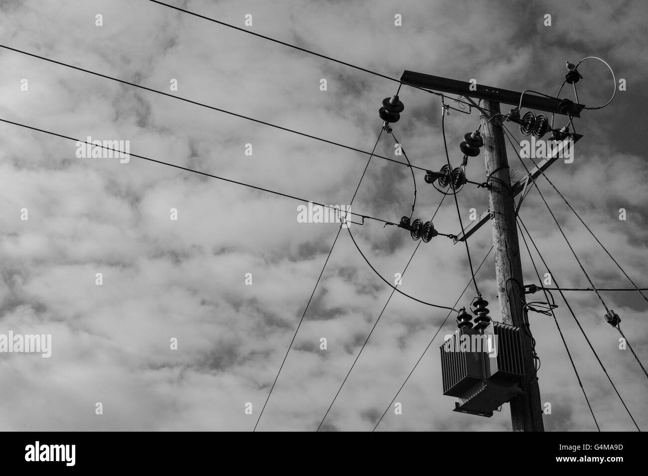 Detailed view of a high power electrical cabling system seen atop a ...