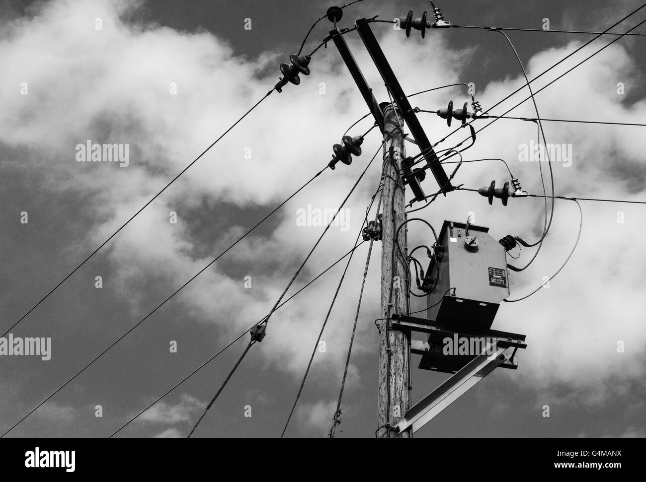 Detailed view of a high power electrical cabling system seen atop a ...