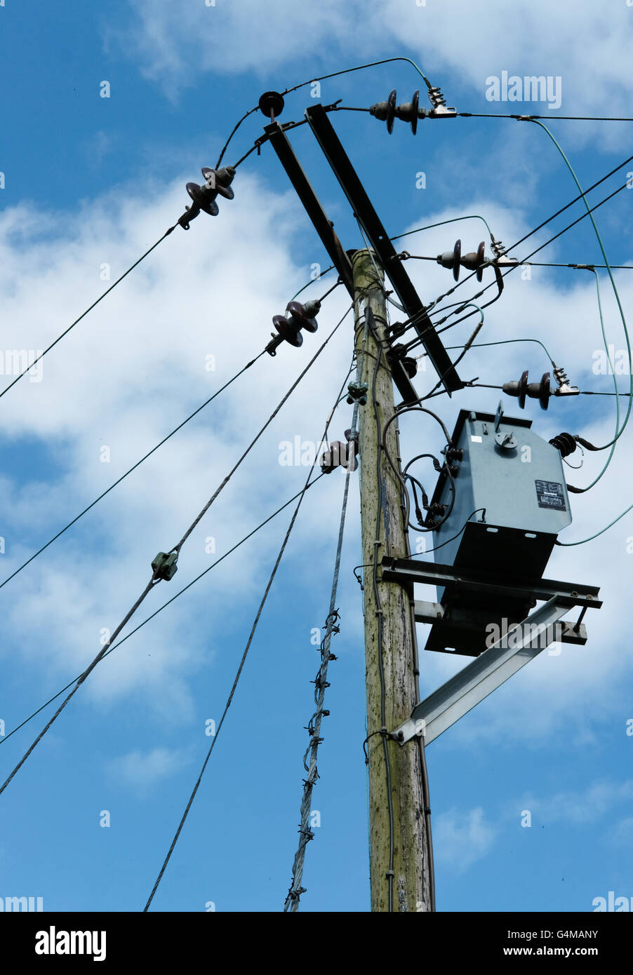 Detailed view of a high power electrical cabling system seen atop a ...
