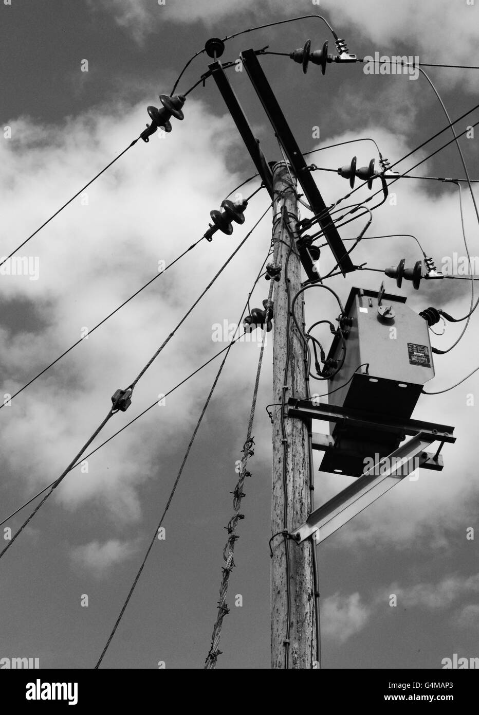 Detailed view of a high power electrical cabling system seen atop a ...