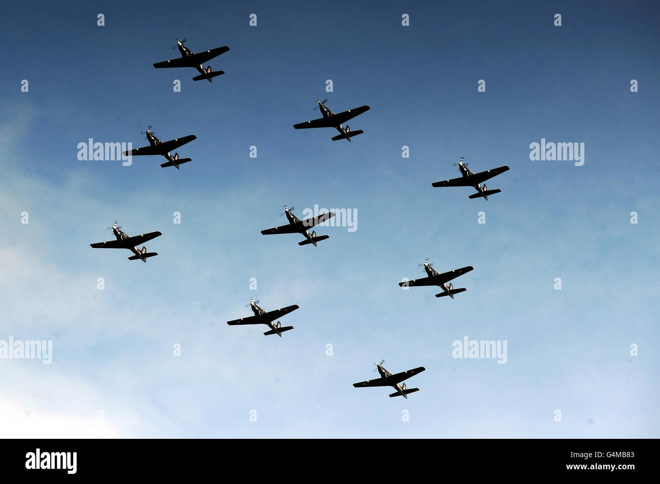 A nine ship Tucano formation from RAF Linton On Ouse, flies over York ...