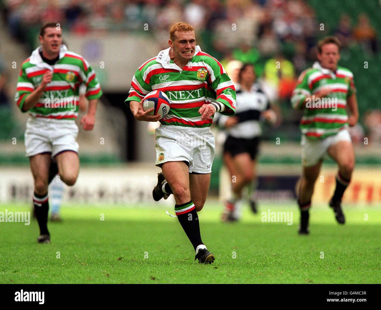 James Ferris breaks to score a try for the Leicester Tigers during the ...