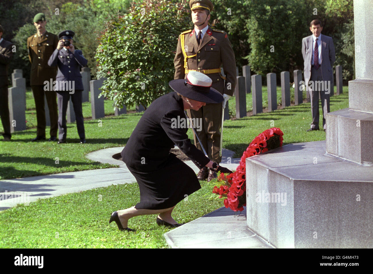 Prime Minister of the United Kingdom Margaret Thatcher lays a wreath in ...