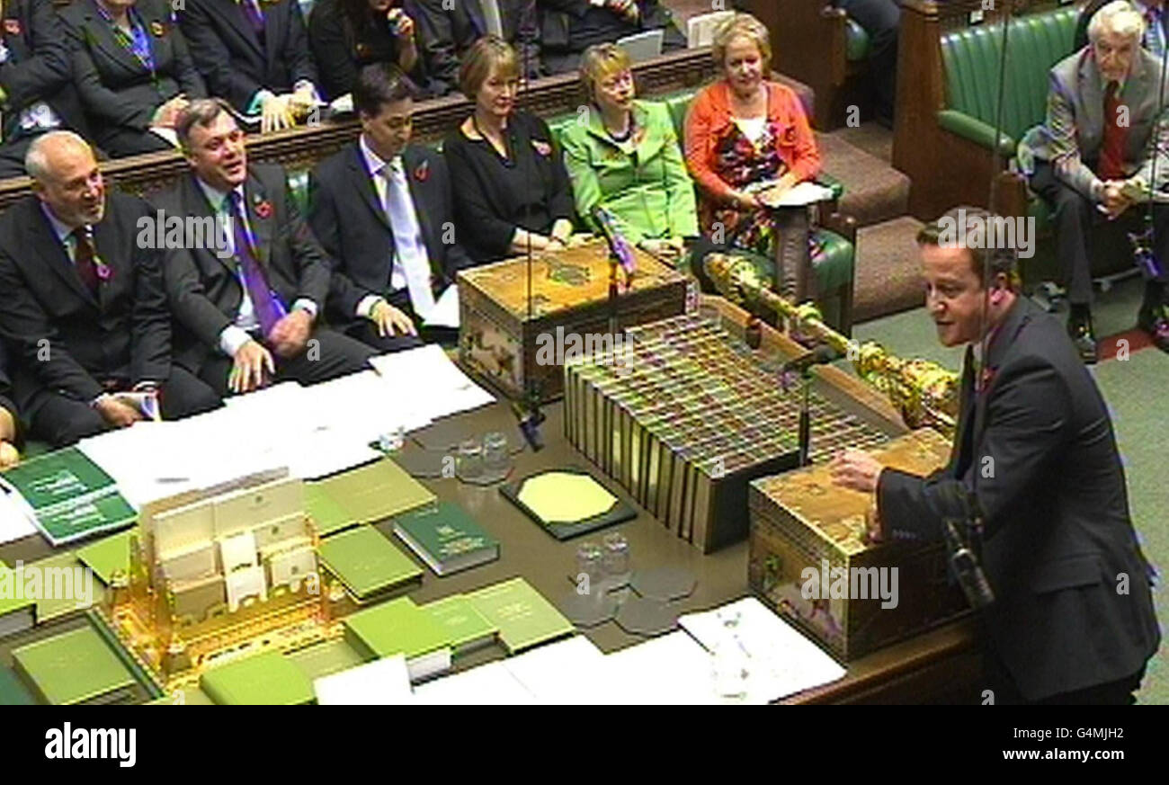 The Labour Party front bench listen as Prime Minister David Cameron ...