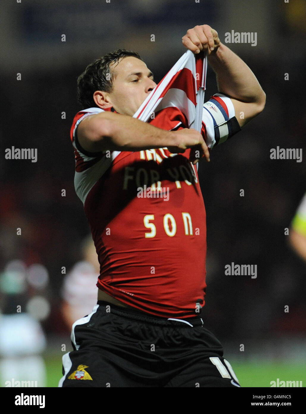 Doncaster Rovers Billy Sharp celebrates with a tribute to his son after ...