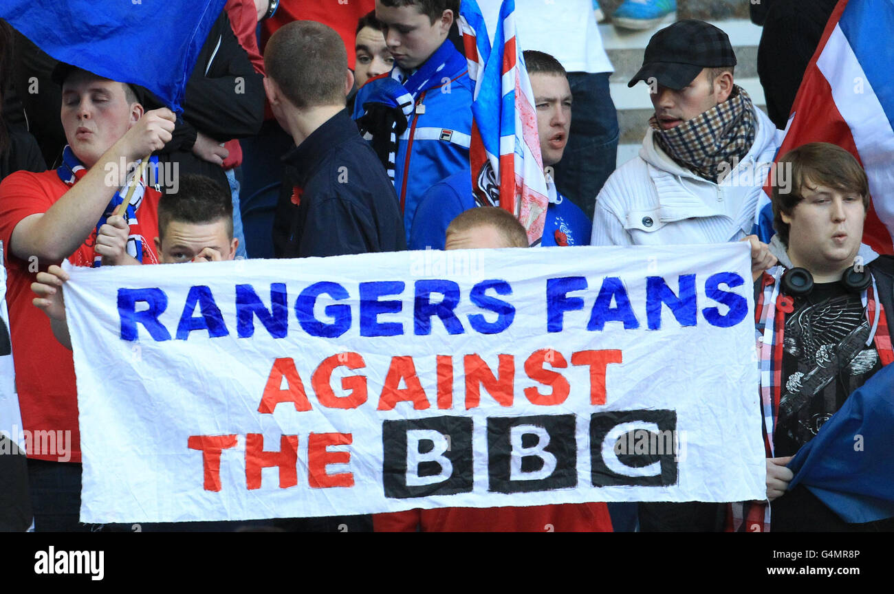 Rangers' fans protest against the BBC during the Clydesdale Bank ...