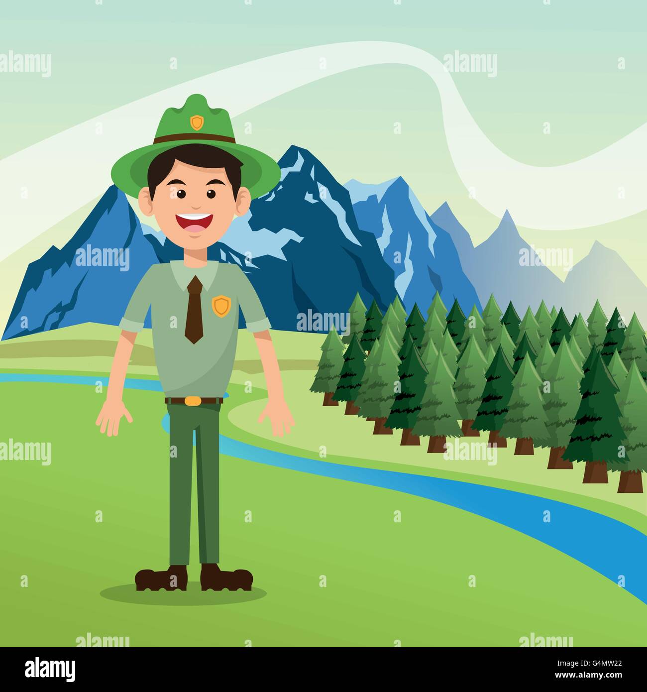 Forest ranger with landscape of pine trees and mountains design Stock ...