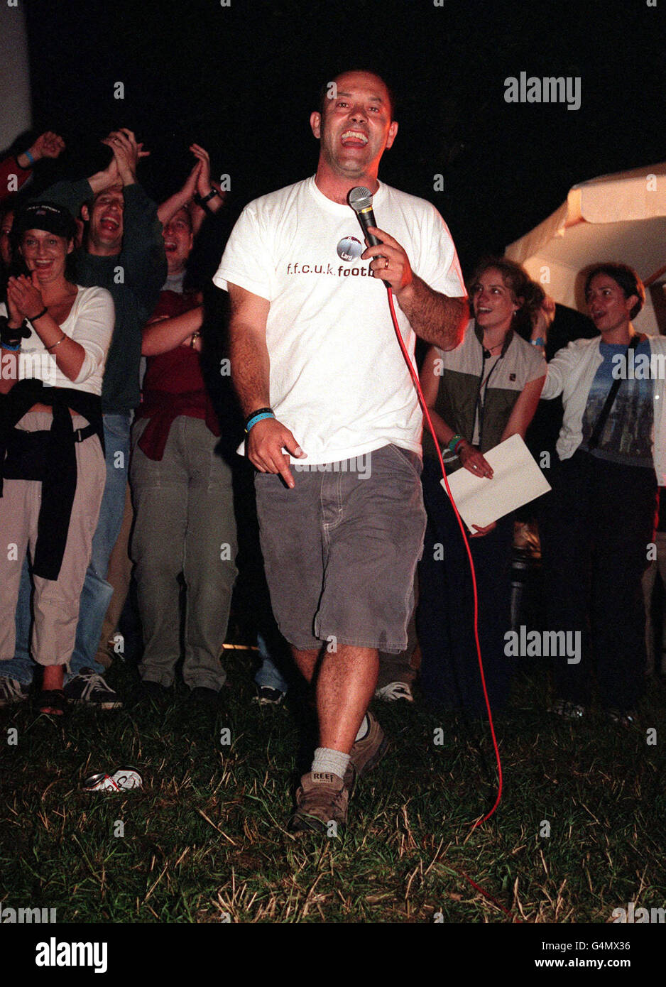 Actor Keith Allen presents a Karoke party at the 1999 Glastonbury ...