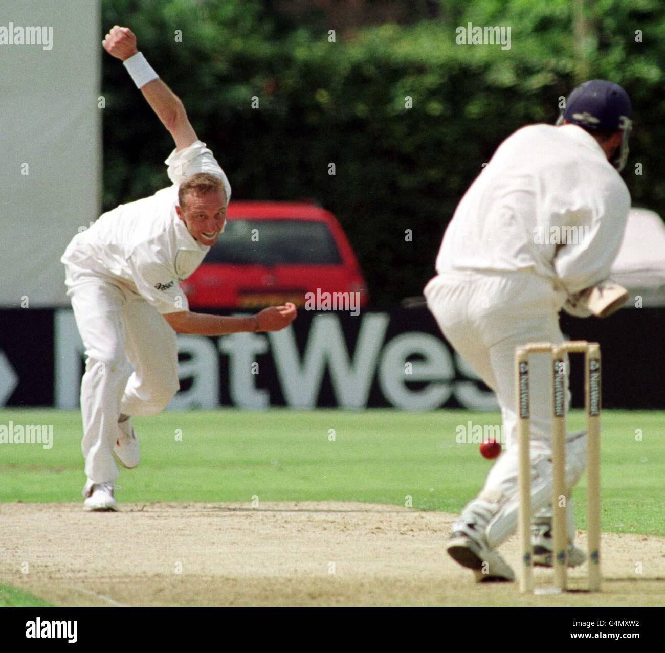 South African Allan Donald in action bowling for Warwickshire during ...
