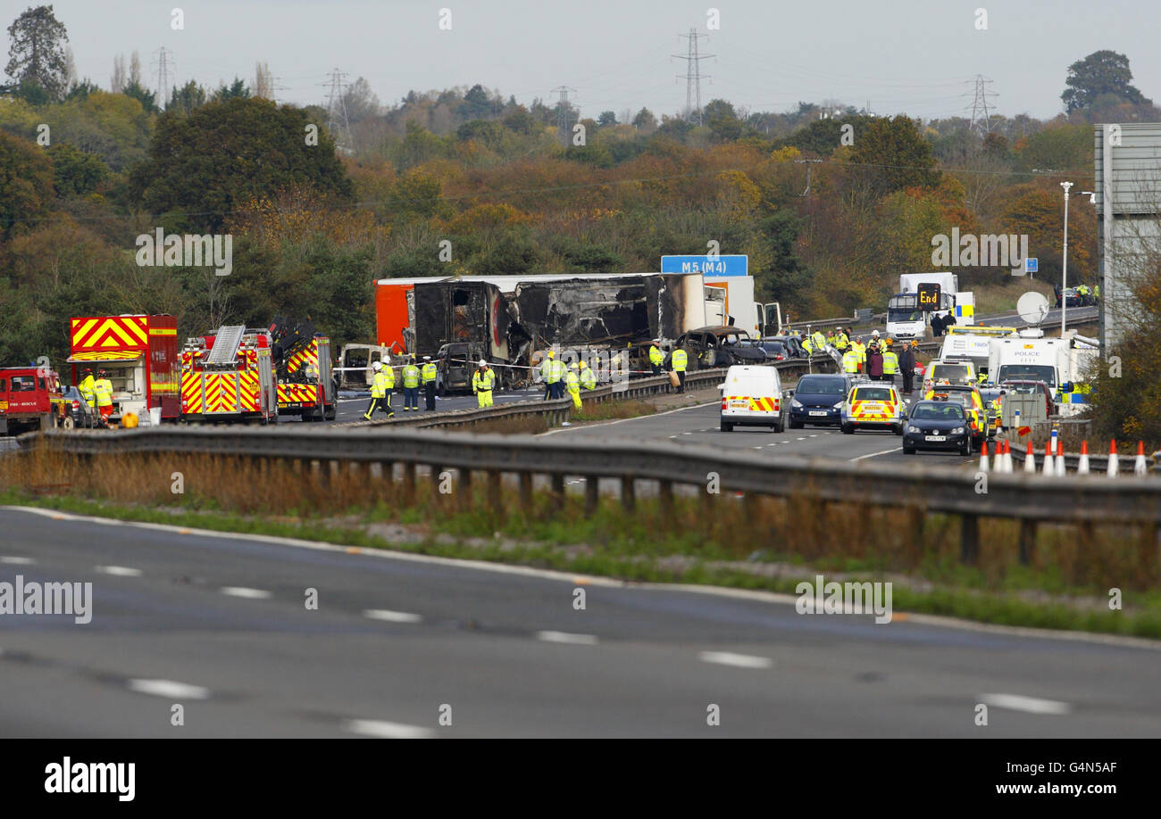 Emergency services work at the scene on the M5 motorway close to ...