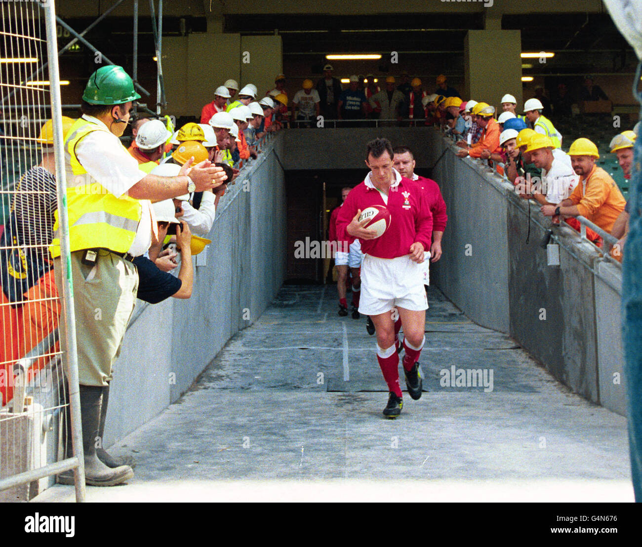 Construction workers at the Welsh Millennium Stadium (Cardiff Arms Park ...