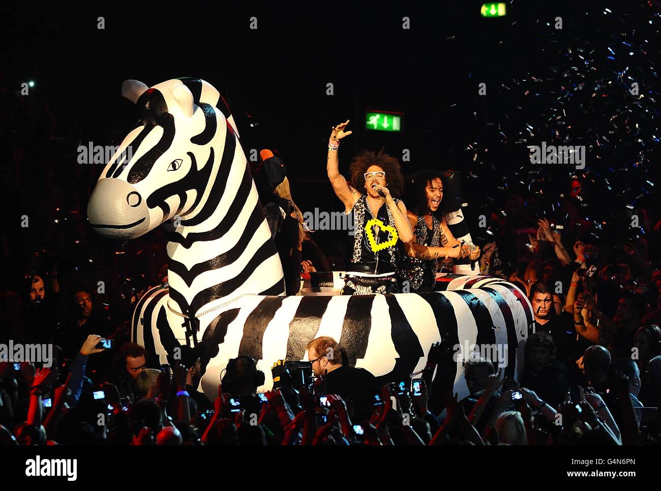 Lmfao On Stage Mtv Europe Music Awards Odyssey Arena Hi Res Stock
