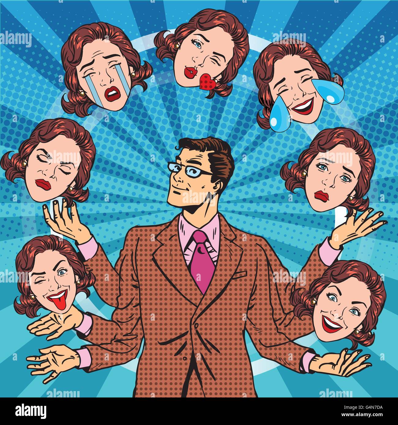 Retro man juggles the emotions of women Stock Vector Image & Art - Alamy