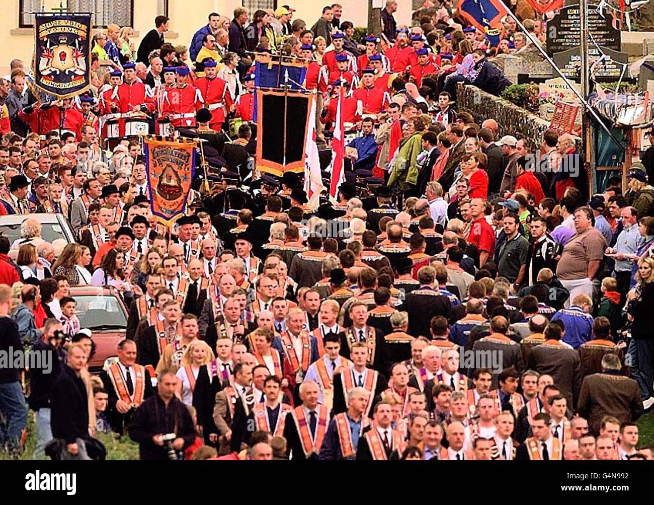 The Orange Order Parade arrives at Drumcree Church, watched by the ...