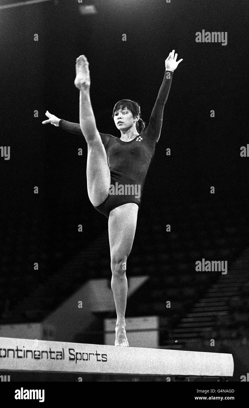Soviet gymnast Nelli Kim practices on the beam, ahead of a gymnastic ...