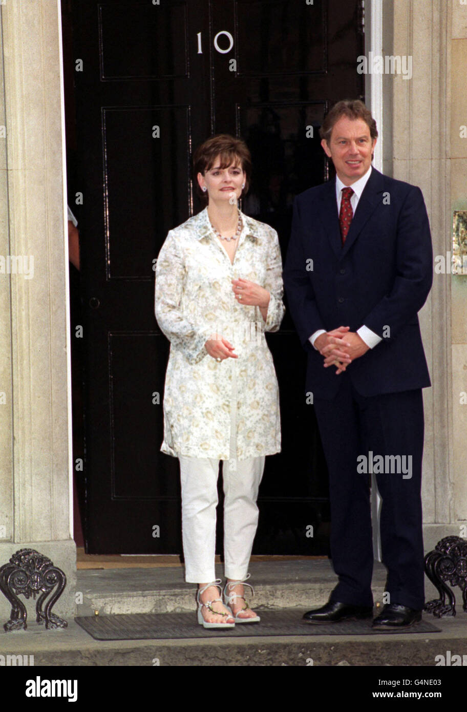 Prime Minister Tony Blair And Wife Cherie On The Steps Of 10 Downing Street Where They Met