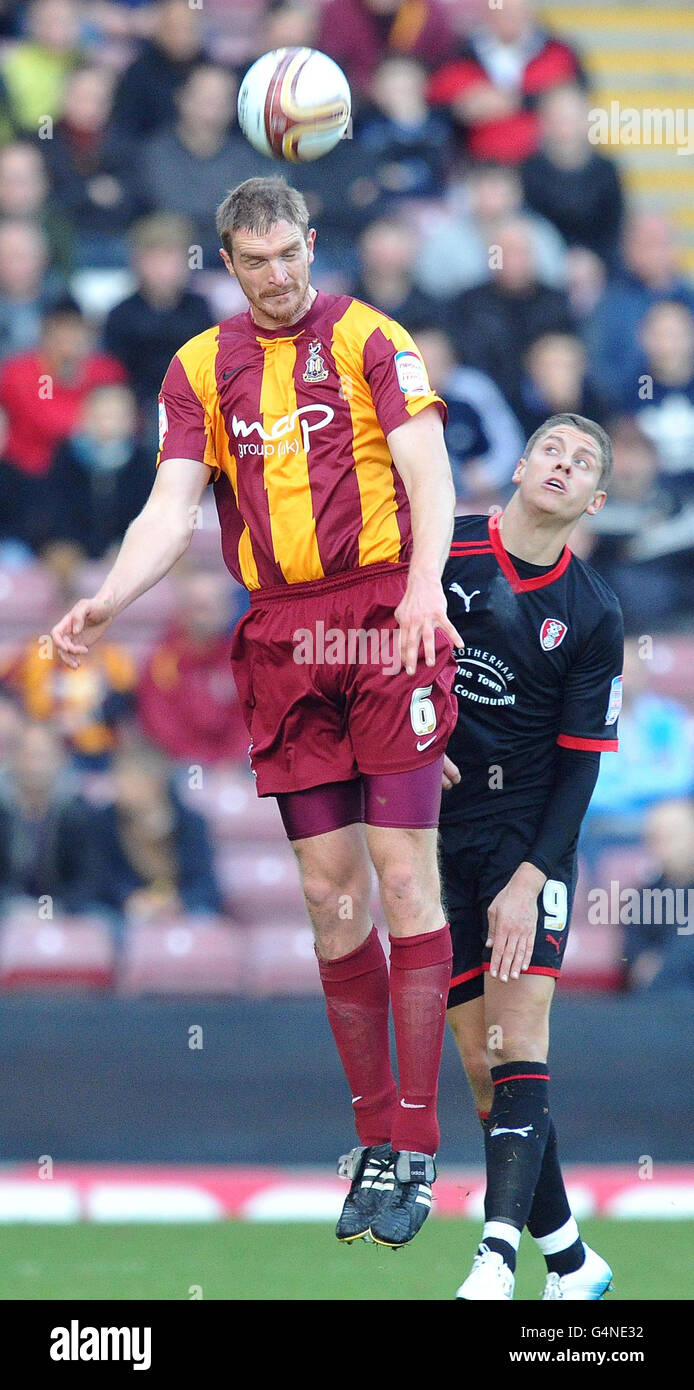 Bradford City's Luke Oliver out jumps Rotherham United's Alex Revell ...