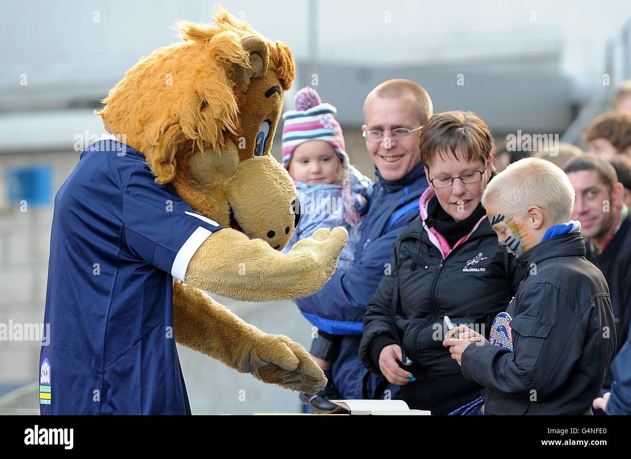 Millwall mascot, Zampa the Lion interacts with fans before kick off ...