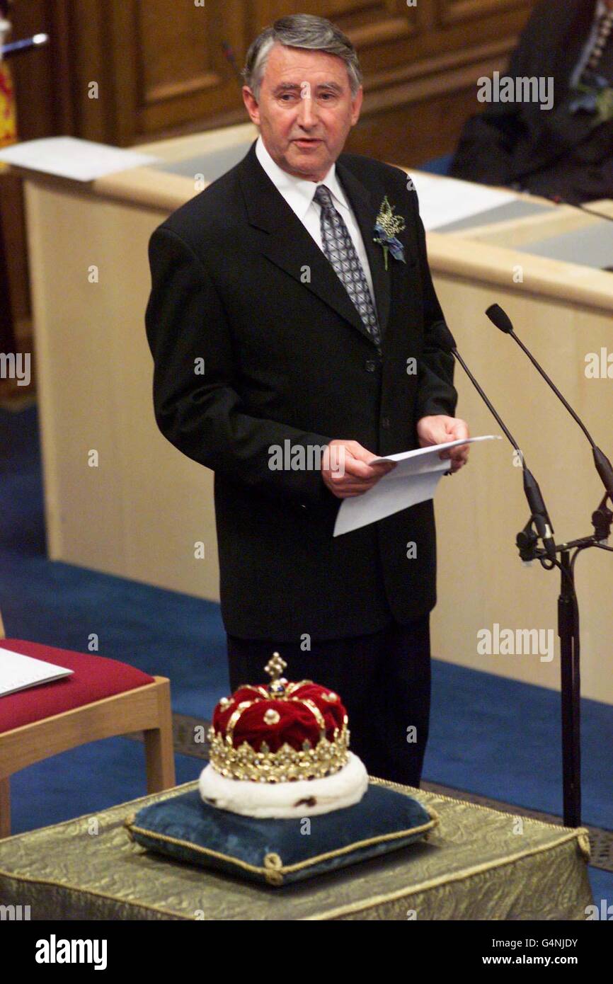 Lord Steel, the presiding officer, speaks during the official opening ...