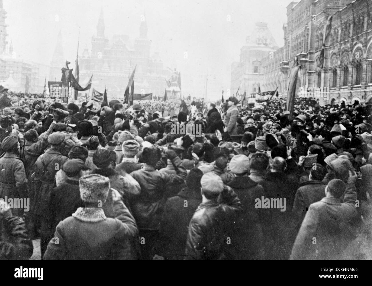 Trotsky (in Astrakan cap) acknowledging the cheers of his supporters in ...
