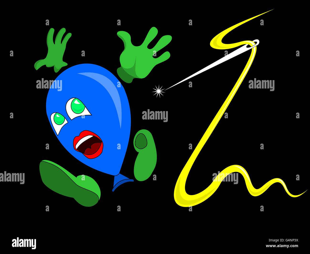 Balloon running scared in front of a snake shape needle with yarn ...